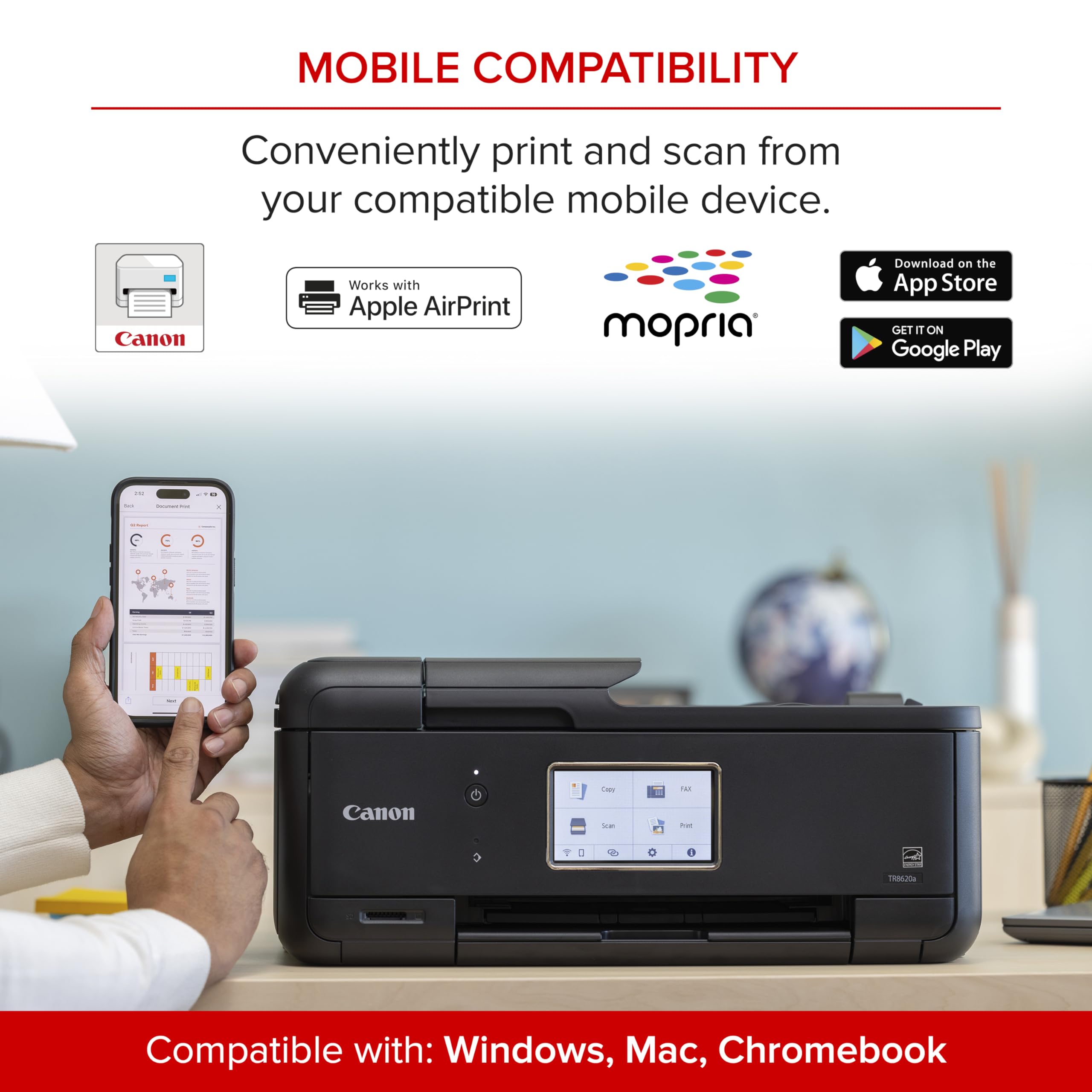 Canon TR8620a All-in-One Printer Home Office | Copier |Scanner| Fax |Auto Document Feeder | Photo and Document | Airprint (R) and Android, Black