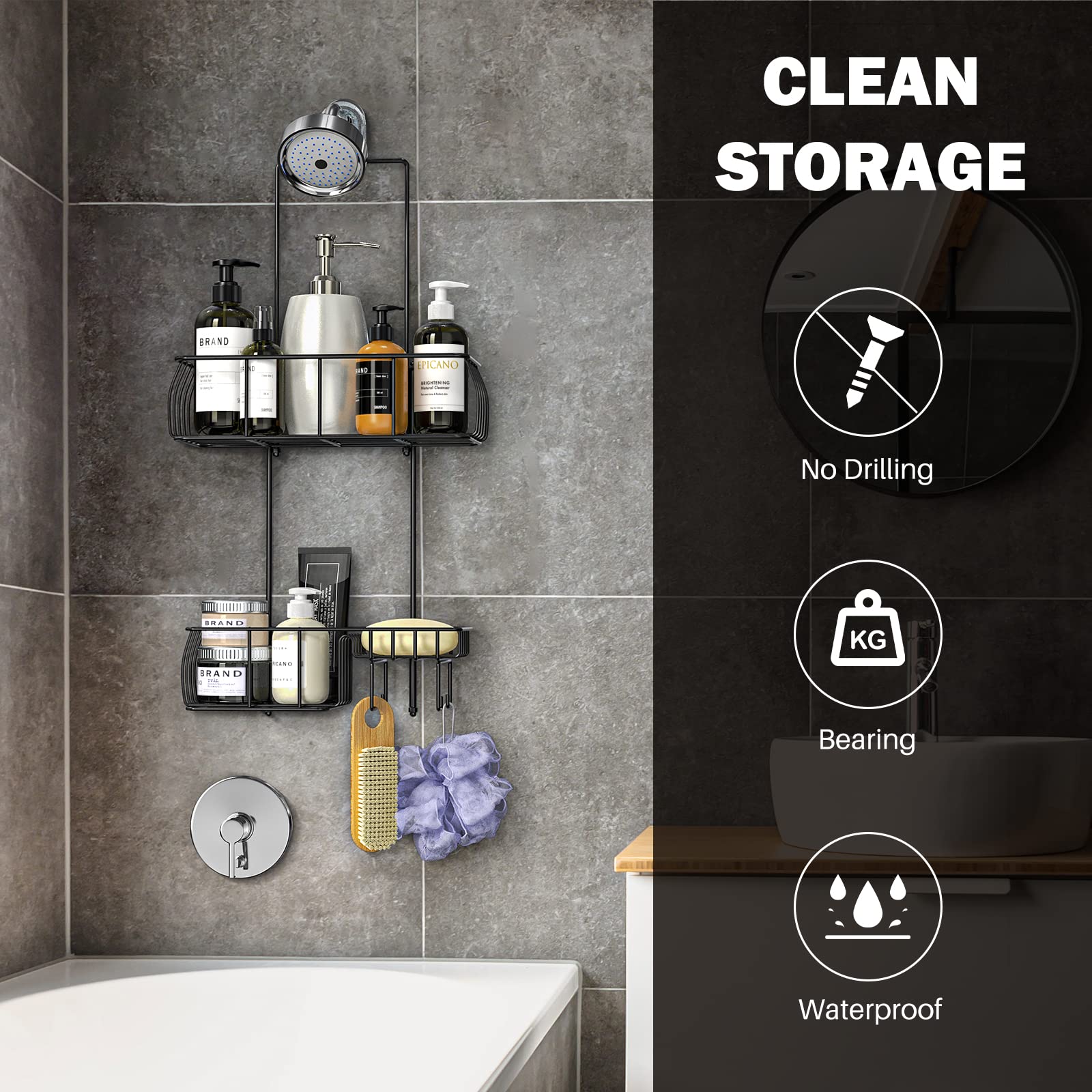 Epicano Anti-Swing Hanging Shower Caddy, Over Head Shower Caddy Rustproof with hooks for Towels, Sponge and more, Metal Black