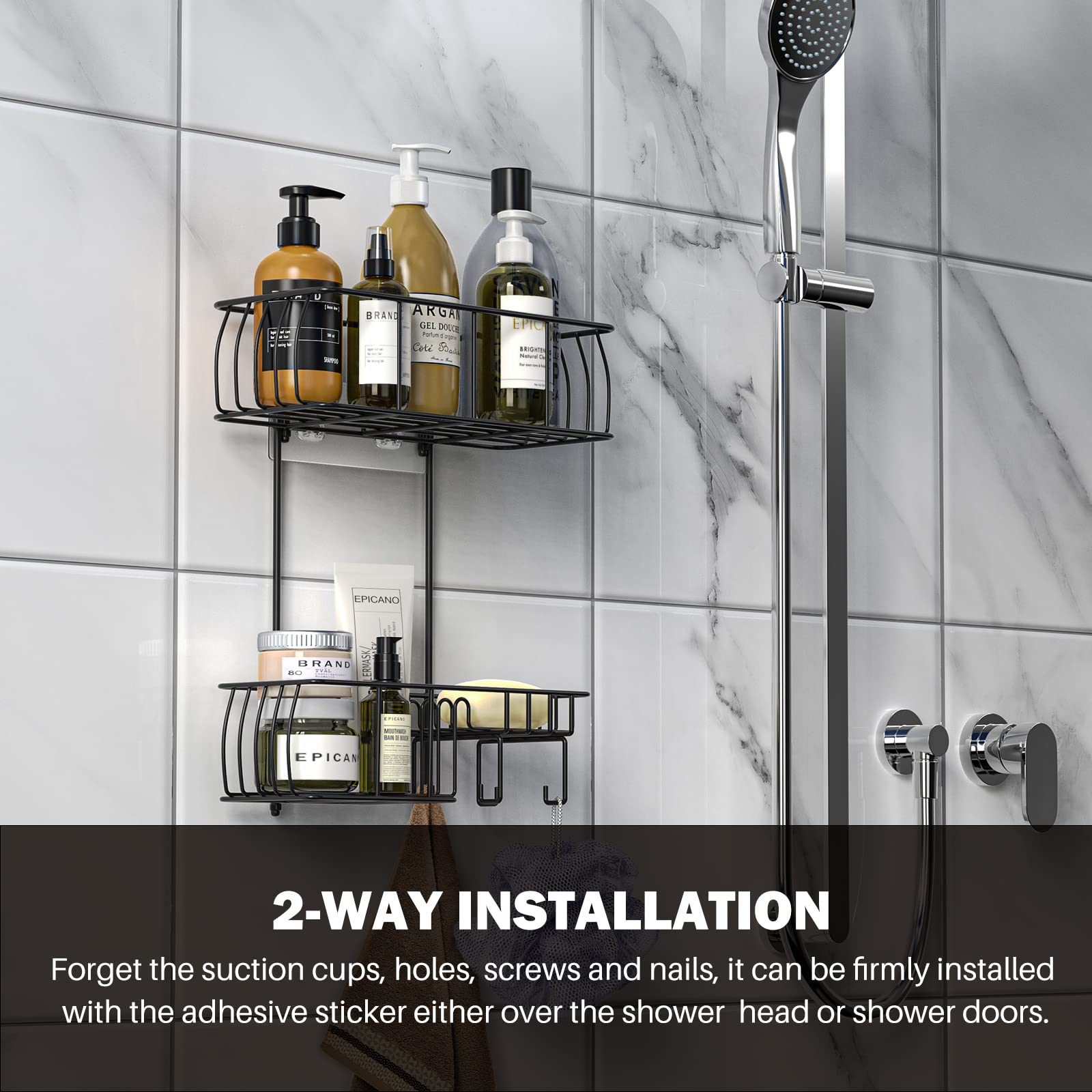 Epicano Anti-Swing Hanging Shower Caddy, Over Head Shower Caddy Rustproof with hooks for Towels, Sponge and more, Metal Black