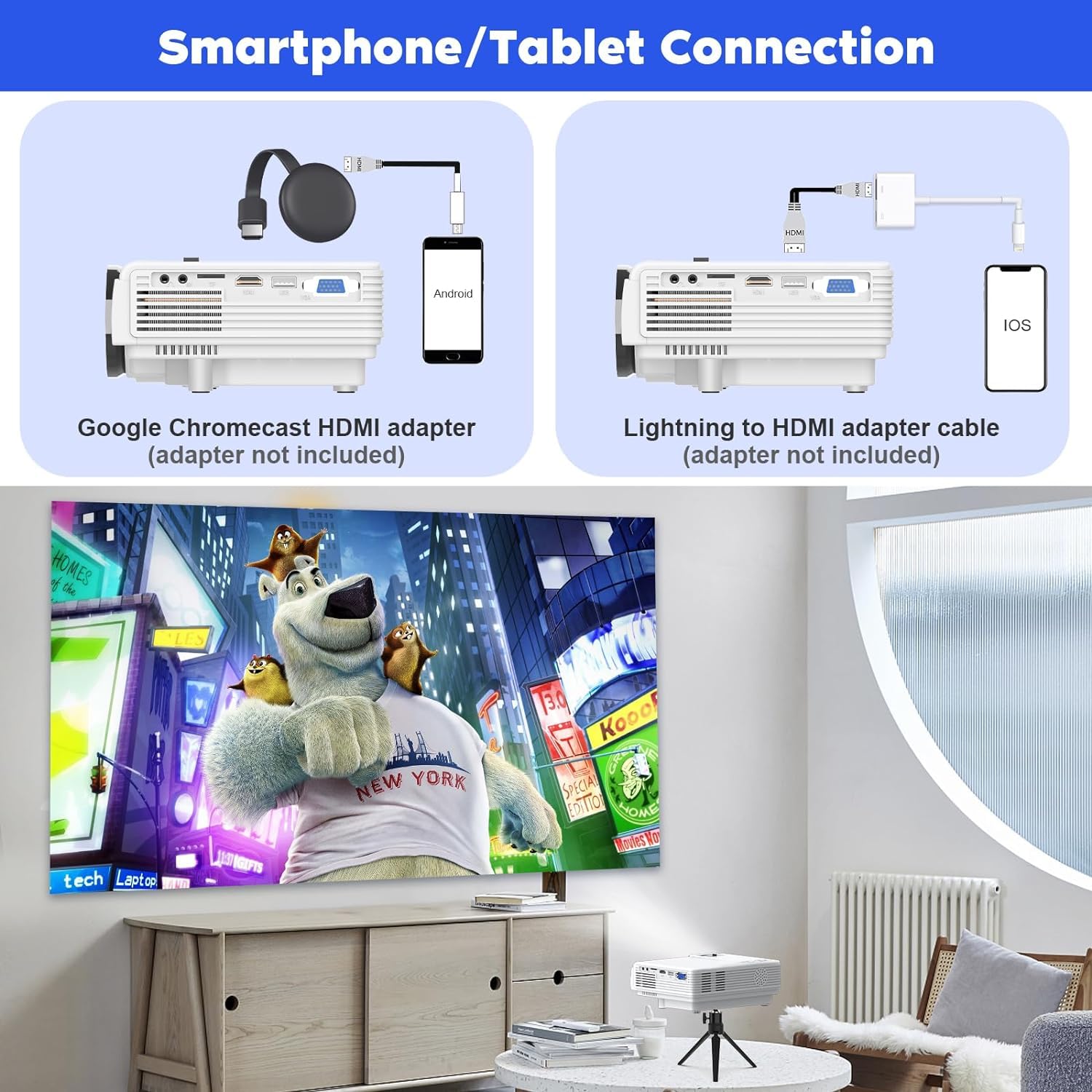 Mini Projector, Portable Projector for iPhone, Full HD 1080P Supported Movie Projector, Portable Video Projector Compatible with TV Stick, Phone, HDMI, USB, TF