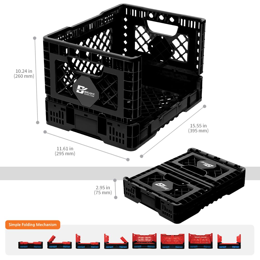 BIGANT Heavy Duty Collapsible & Stackable Plastic Milk Crate - IP403026, 26 Quarts, Small Size, Blue, Set of 1, Snap Lock Foldable Industrial Garage Storage Bin Container Utility Basket