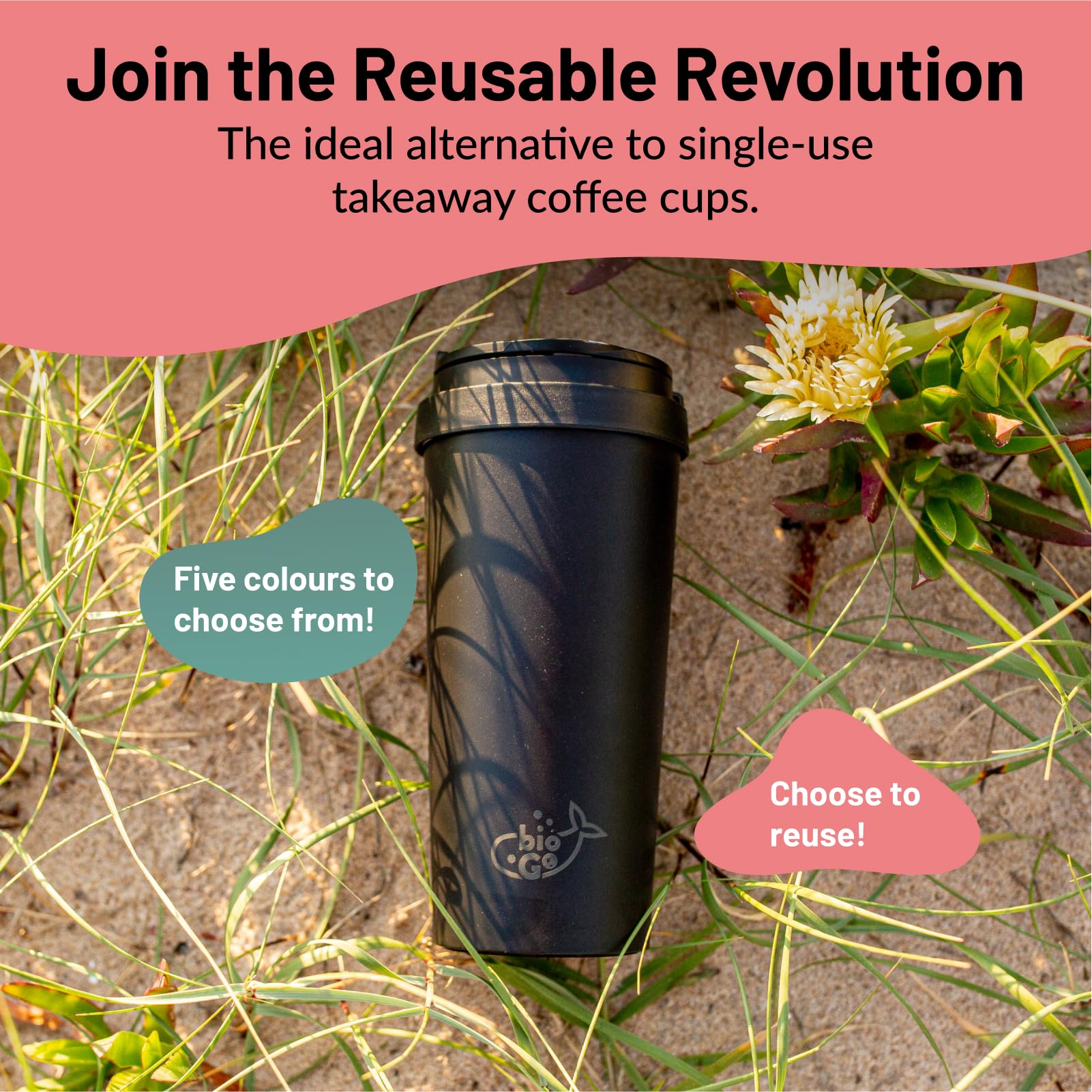 bioGo Cup, Rice Husk Fibre, BPA-Free, Double Wall Insulation Reusable Coffee Cups, On-The-Go Travel Mug, Screw Tight Lid, Textured Grip, Ultra Lightweight (Midnight Black, 16oz)