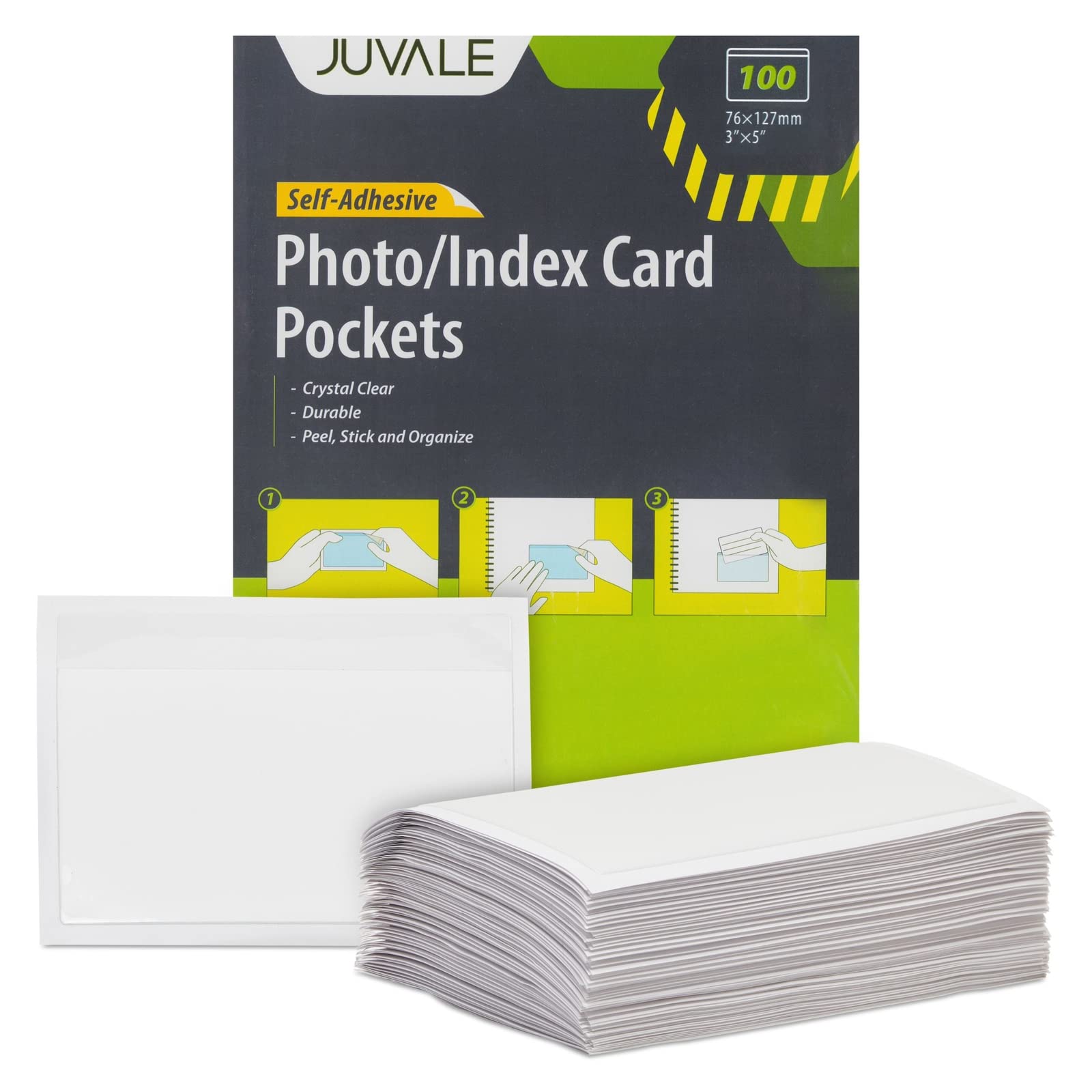 Juvale 100 Pack Plastic Label Holders for 3x5 Index Cards, Clear Self-Adhesive Pockets for Office Supplies