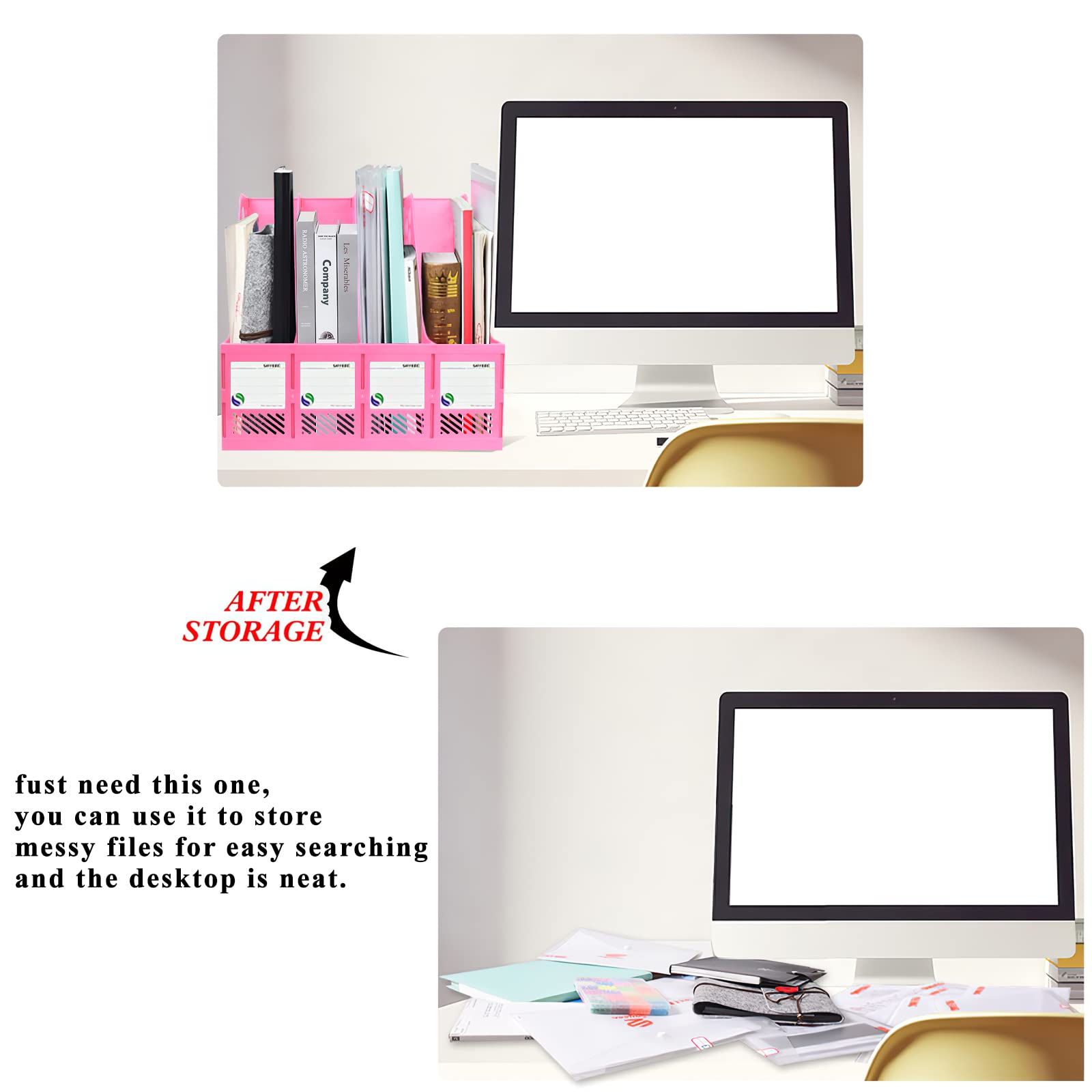Marte Vanci Sturdy Desktop File Holder 4 Section Magazine Dividers Organizer Box Frames Document Cabinet Storage Pink