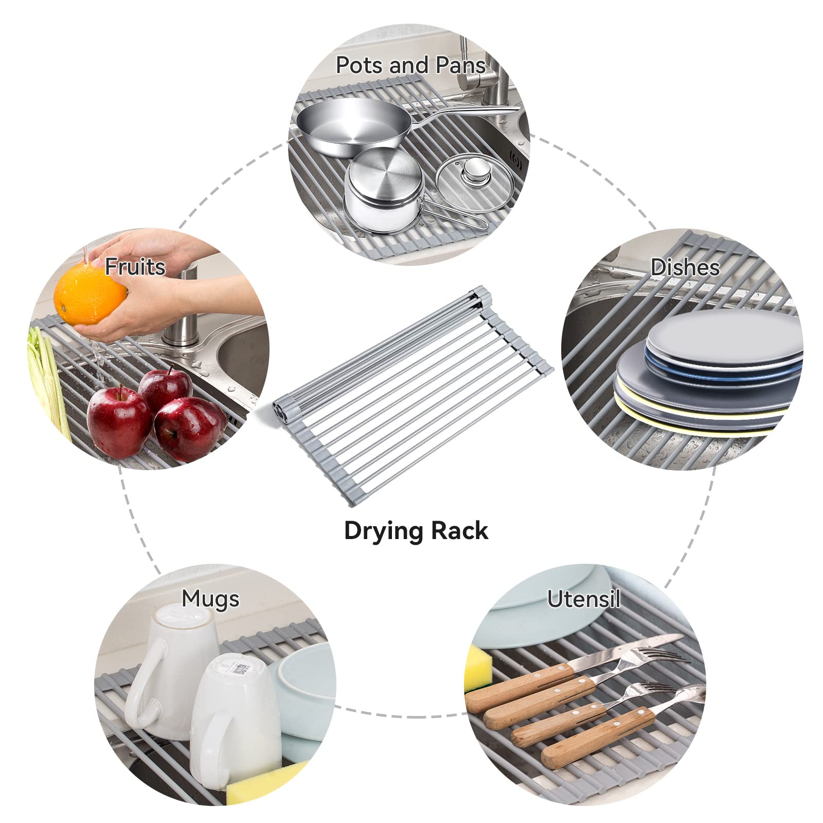 Tiilan Roll Up Dish Drying Rack Over The Sink, Dish Drainer, Heat Resistant Trivet Mat for Kitchen - Full Silicone Coating - Warm Gray, 20.5" x 13"