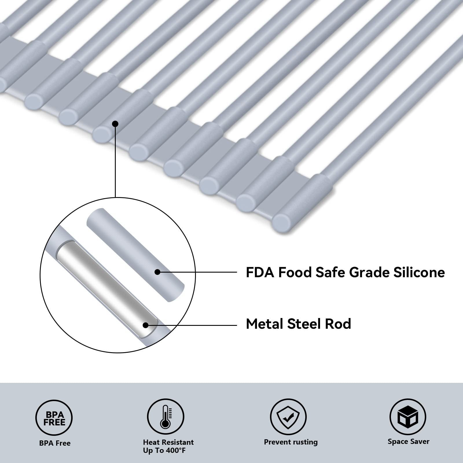 Tiilan Roll Up Dish Drying Rack Over The Sink, Dish Drainer, Heat Resistant Trivet Mat for Kitchen - Full Silicone Coating - Warm Gray, 20.5" x 13"