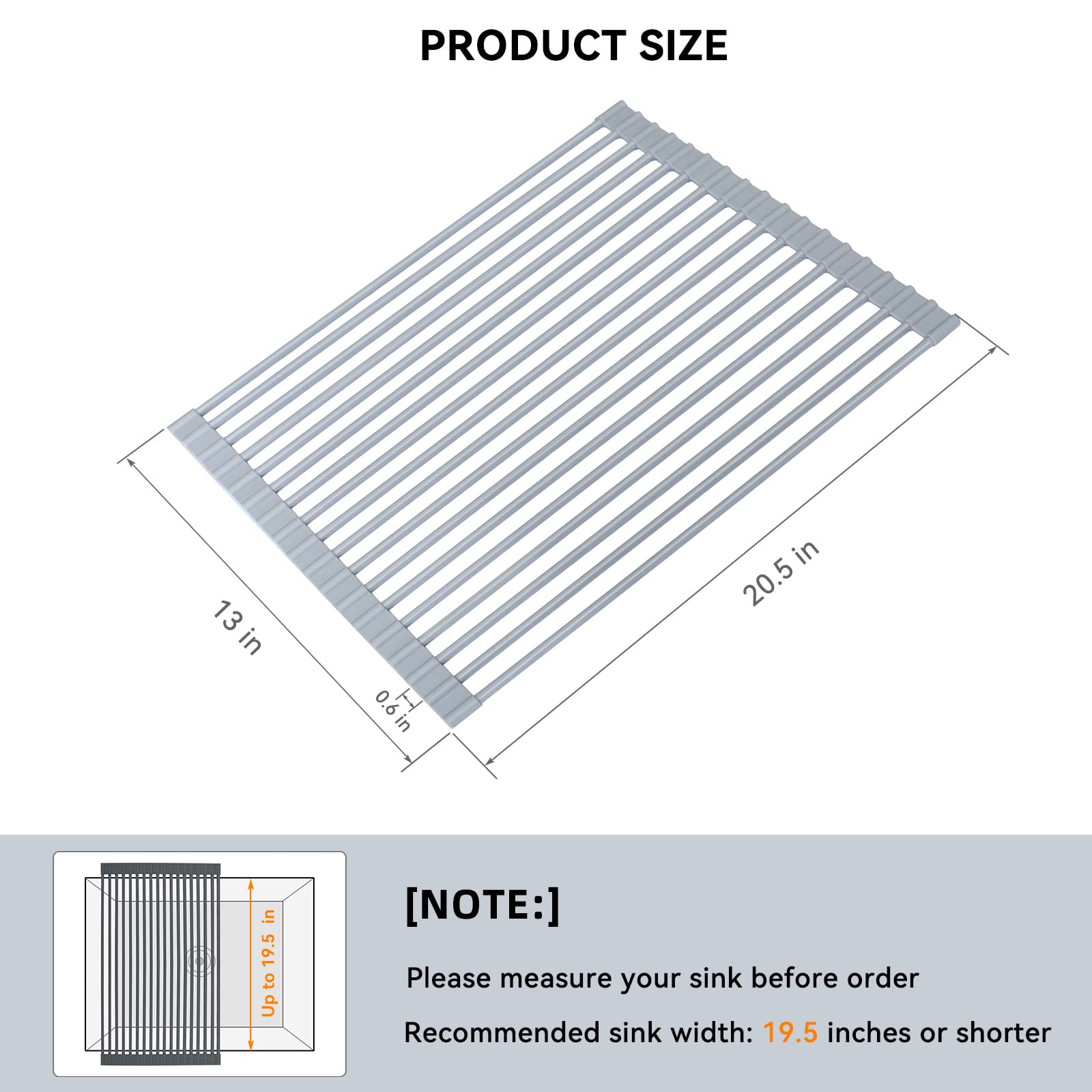 Tiilan Roll Up Dish Drying Rack Over The Sink, Dish Drainer, Heat Resistant Trivet Mat for Kitchen - Full Silicone Coating - Warm Gray, 20.5" x 13"