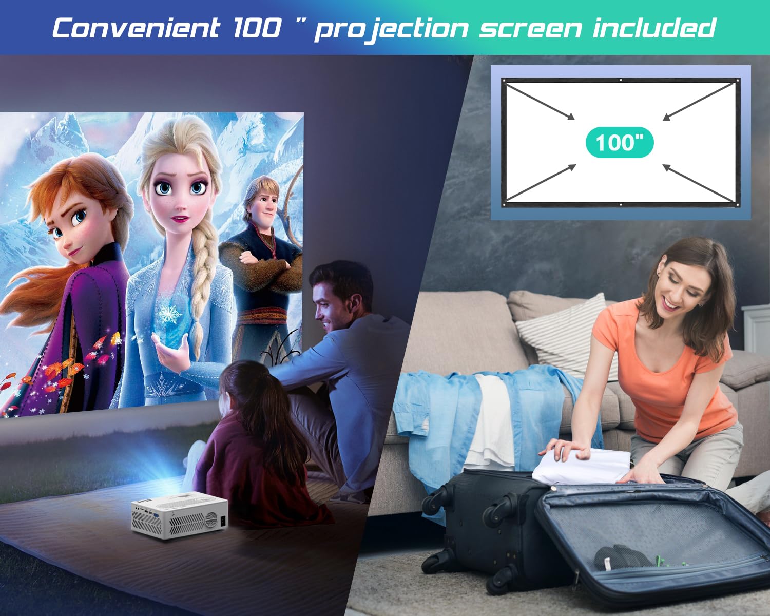 TMY Projector with WiFi and Bluetooth, Native 1080P 5G WiFi Outdoor Projector with 100" screen, 4K Supported Portable Projector, Compatible with iOS/Android/PC/TV Stick/HDMI/AV/USB, Indoor Outdoor Use