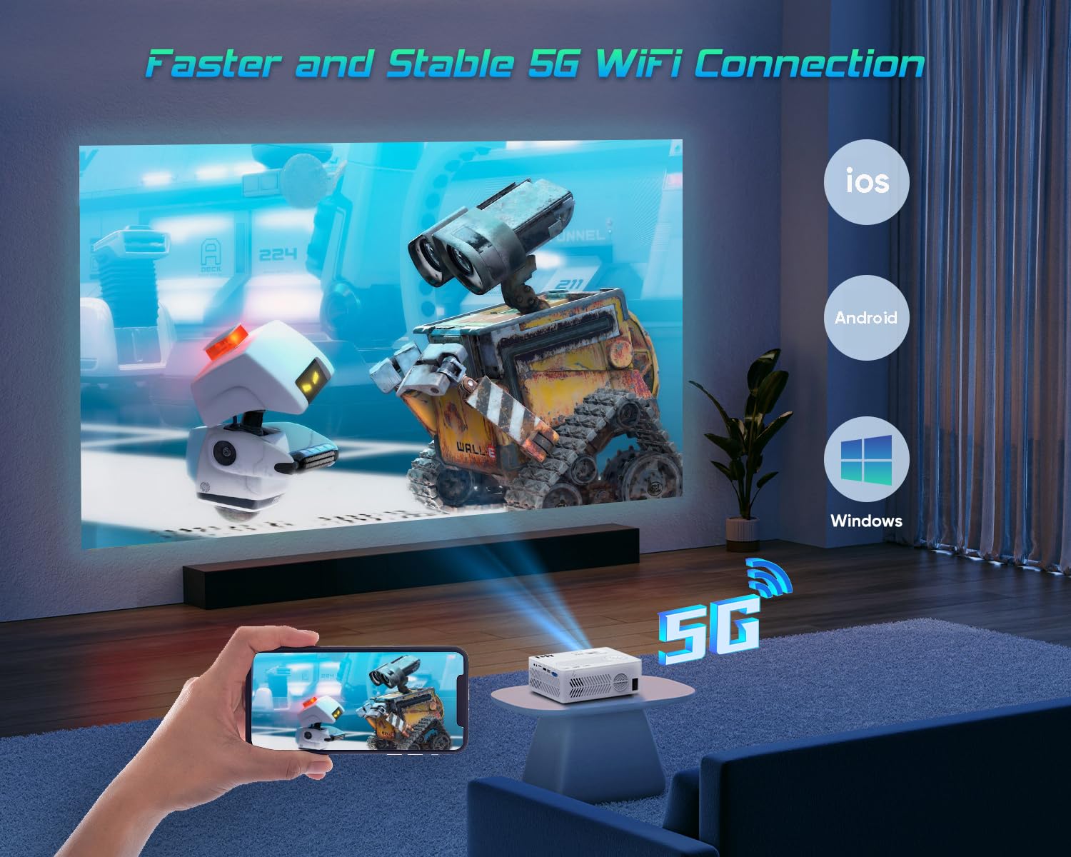 TMY Projector with WiFi and Bluetooth, Native 1080P 5G WiFi Outdoor Projector with 100" screen, 4K Supported Portable Projector, Compatible with iOS/Android/PC/TV Stick/HDMI/AV/USB, Indoor Outdoor Use