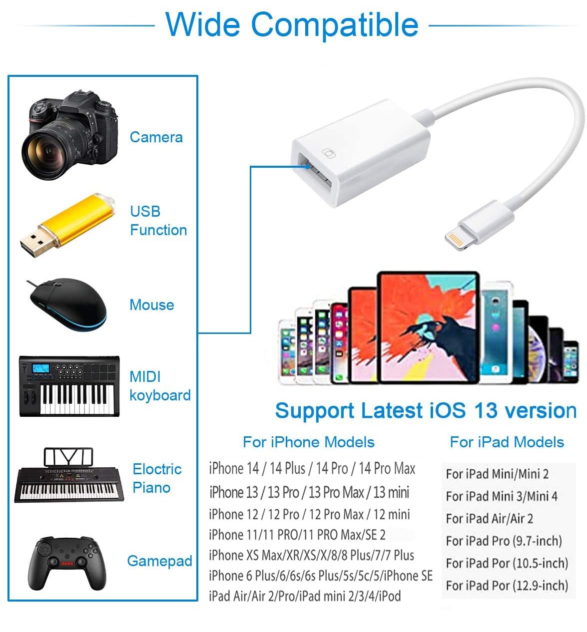 Naiyal Lightning to USB Camera Adapter, Apple MFi Certified USB OTG Cable Converter for iPhone 14 13 12 11 Pro Max XS XR X 8 iPad, Support Camera, Card Reader, USB Flash Drive, MIDI Keyboard (White-1)