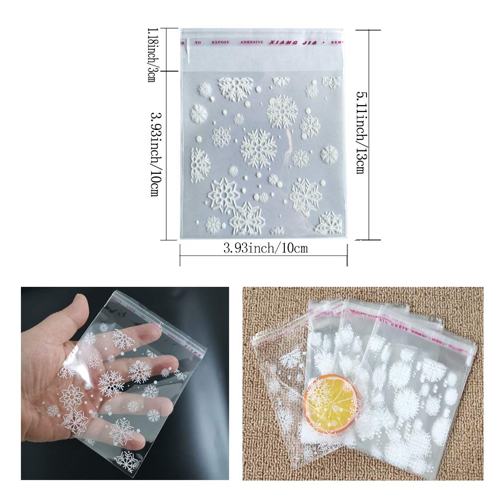200 PCS White Snowflake Cellophane Bags Clear Self Sealing 4x5 Christmas Plastic Bags for Candy Goodie Cookie Bakery Holiday Party Supplies by Baryuefull