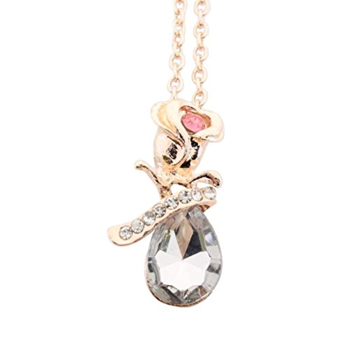 FimKaul Crystal Rose Pendant Necklace, Popular Diamond Rhinestone Water Drop Clavicle Chain Necklace (D)