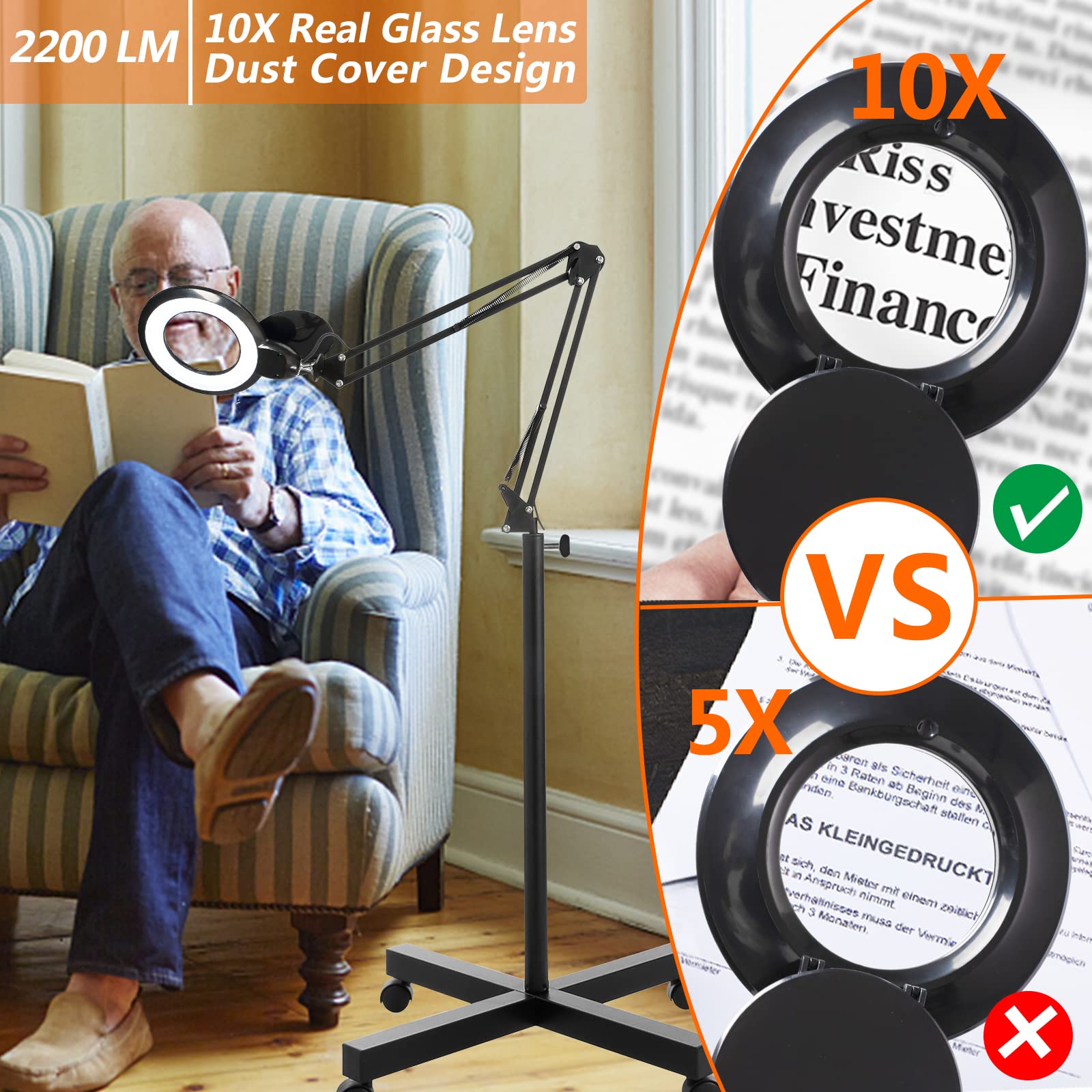 (New Upgrade) 10X Magnifying Floor Lamp with Clamp and 4 Wheel Rolling Base, HITTI 2200 LM LED 3 Color Dimmable Magnifying Glass with Light, Adjustable Arm Lighted Magnifier for Craft, Esthetican