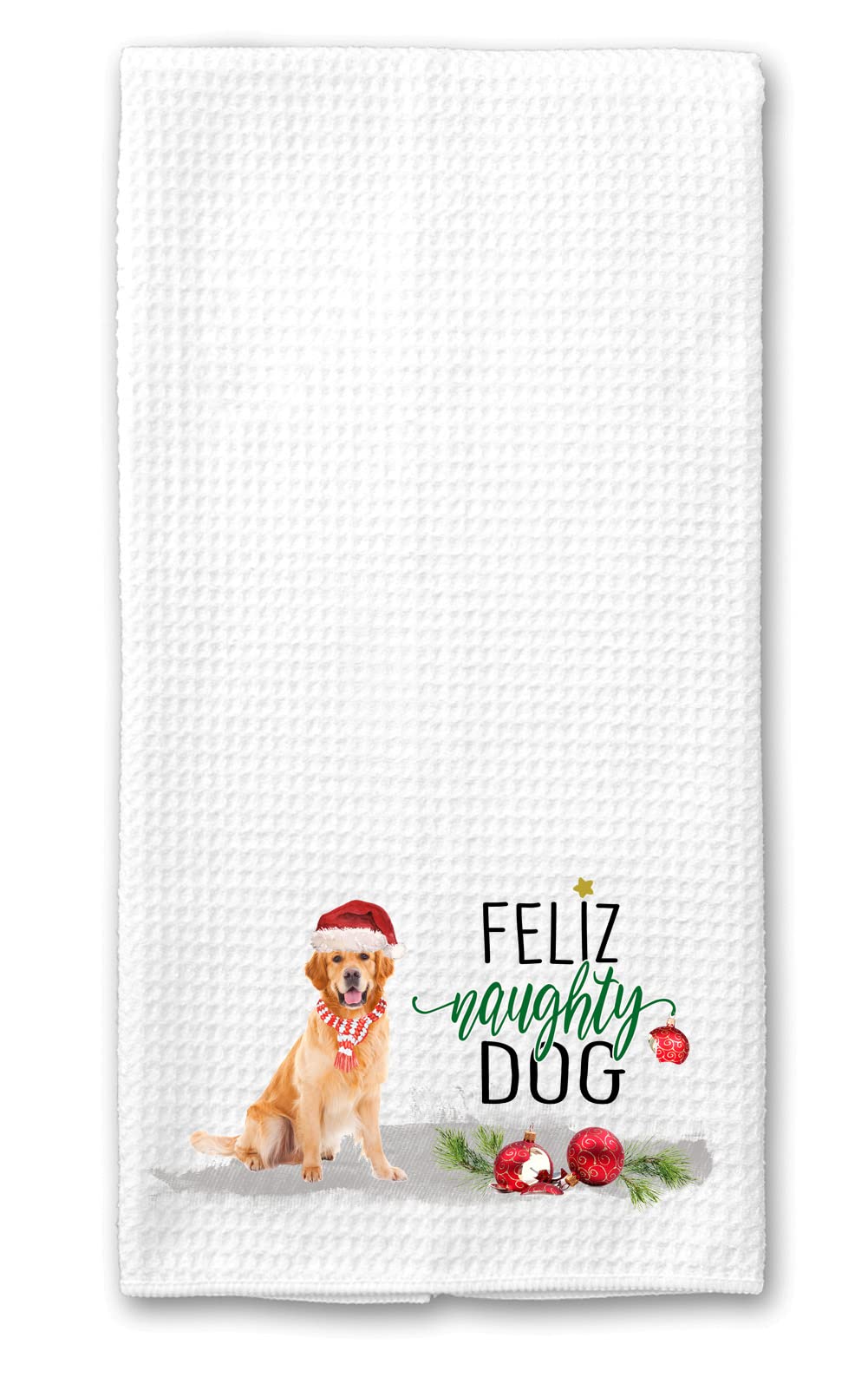 Studio 9Thirty3 Personalized Golden Retriever Feliz Naughty Dog Christmas Waffle Weave Kitchen Towel, 16"x24" (White Towel, No Name)
