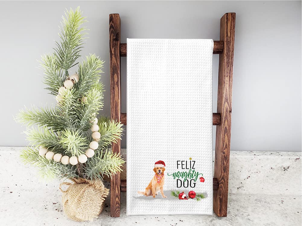 Studio 9Thirty3 Personalized Golden Retriever Feliz Naughty Dog Christmas Waffle Weave Kitchen Towel, 16"x24" (White Towel, No Name)