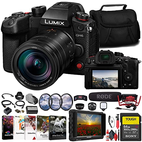 Panasonic Lumix GH6 Mirrorless Camera with 12-60mm f/2.8-4 Lens (DC-GH6LK) + 4K Monitor + VideoMic + 64GB Tough SD Card + Filter Kit + Wide Angle Lens + Telephoto Lens + Lens Hood + More (Renewed)