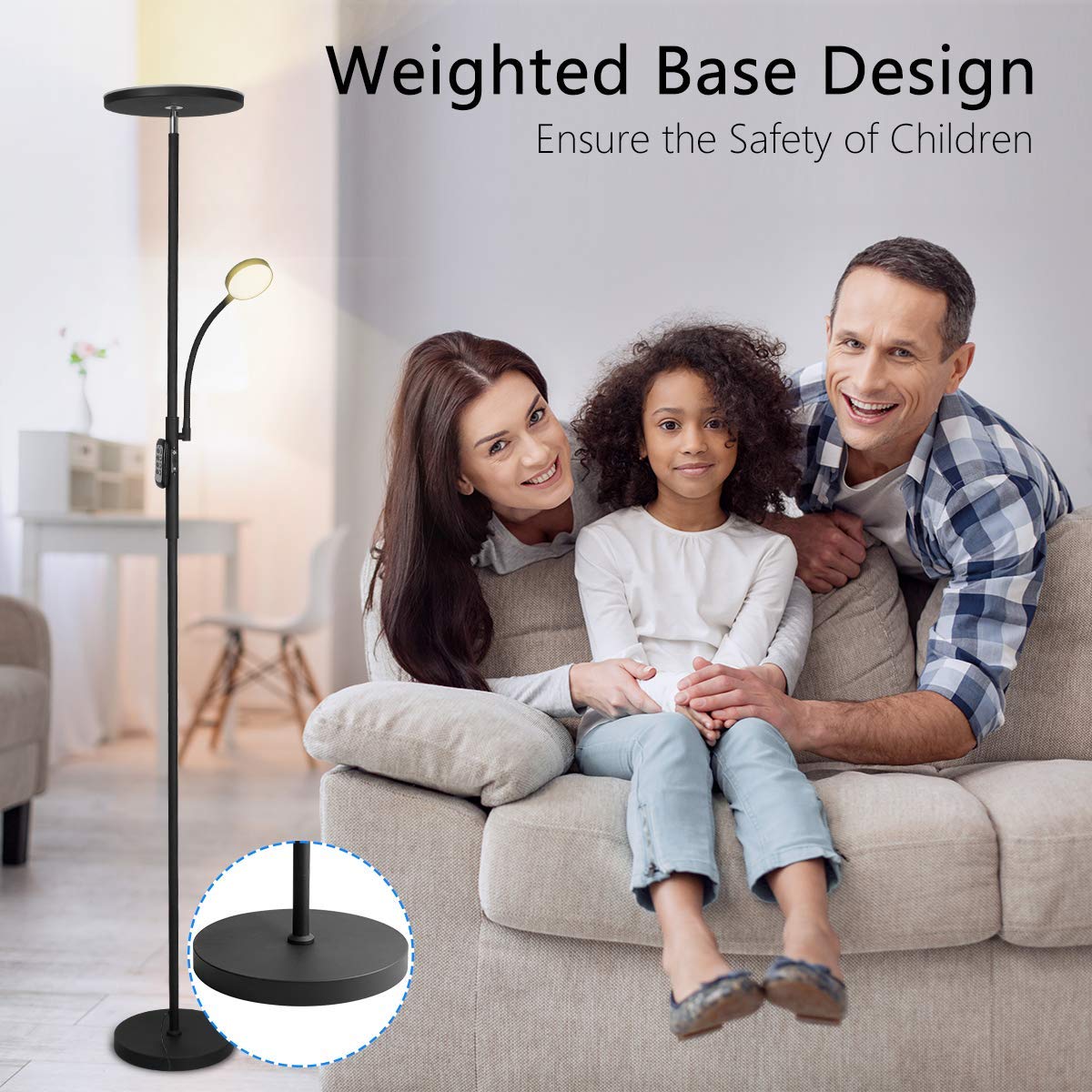 Led Floor Lamp - Soarz Torchiere Floor Lamp with Adjustable Reading Lamp,2000lumens Main Light and 400lumens Side Reading Light for Living Room, Bedroom, Office, Work with Remote Control, Matte Black