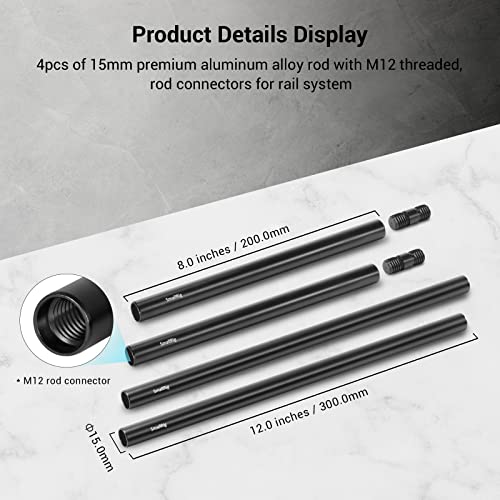 SmallRig 15mm Rods Pack, 15mm Tube with M12 Thread Rod Cap Connectors, Aluminum Alloy Rods Combination for Camera Rig Matte Box Follow Focus 15mm Rod System - 1659