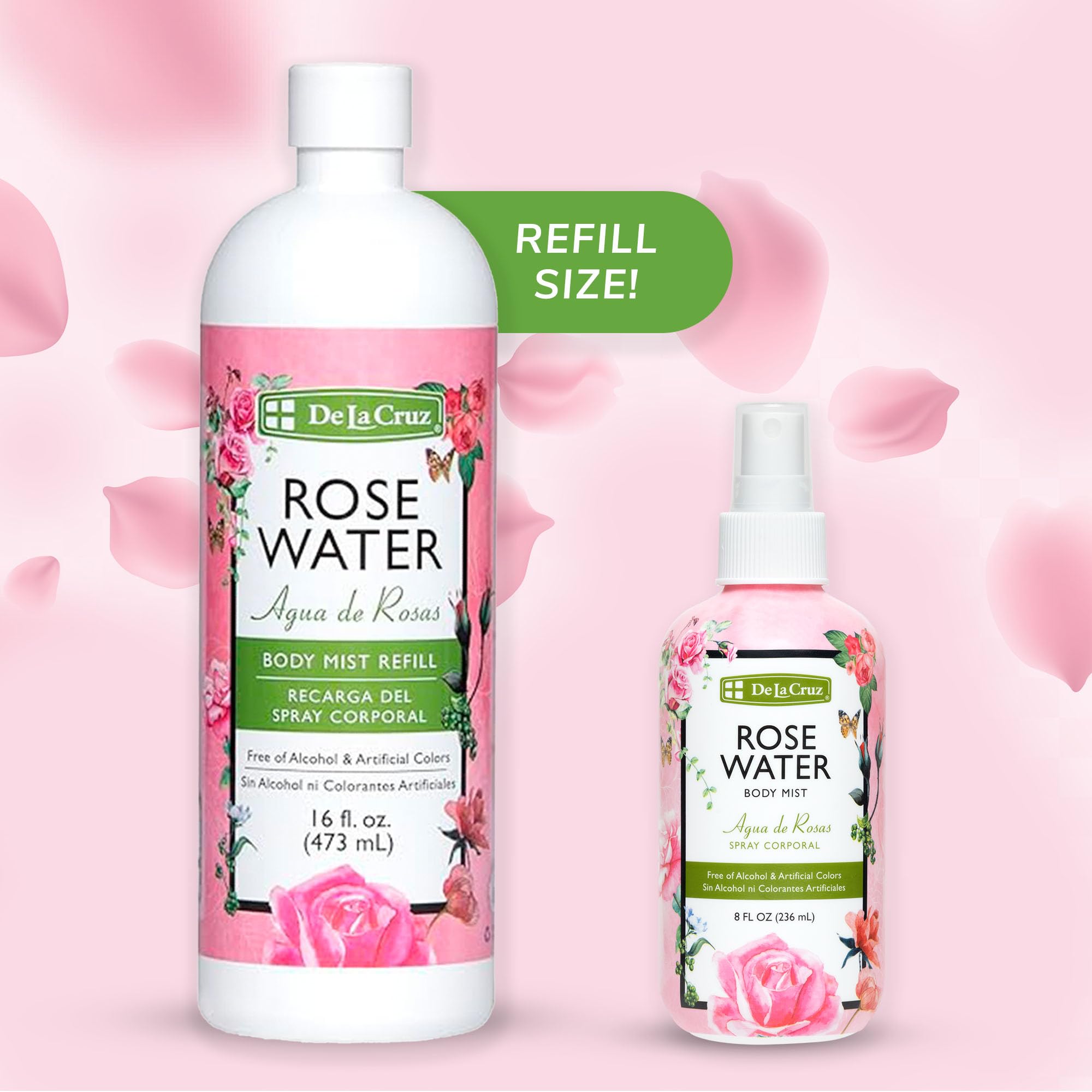 De La Cruz Rose Water Body Mist Refill- Rosewater Spray for Face, Skin and Hair 16 fl oz (1 Bottle)