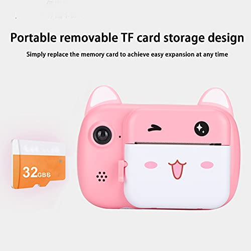 mumisuto Kids Digital Camera, Instant Camera with Print Paper 24MP Resolution 200dpi 32GB Children's Cam Pink Cat