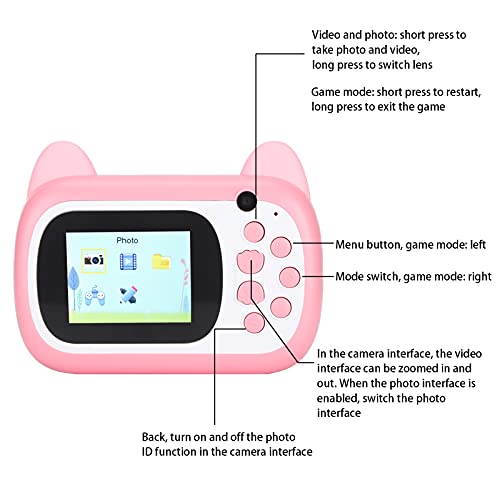 mumisuto Kids Digital Camera, Instant Camera with Print Paper 24MP Resolution 200dpi 32GB Children's Cam Pink Cat