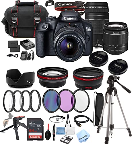 2000d (Rebel T7) DSLR Camera w/18-55mm + 75-300mm Zoom Lenses + Alās Variety Accessories Includes: 64GB Memory + Wide & Telephoto Threaded Lenses + Case + Tripod +Grip + More (39pc Bundle)