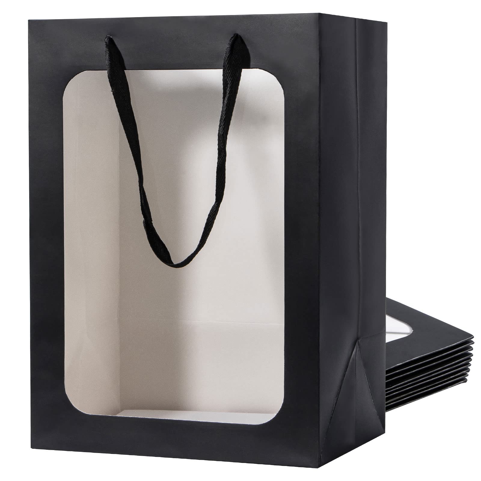 Sdootjewelry 10pcs Black Gift Bag with Transparent Window, 13.8''Ć7.1''Ć9.8'' Window Gift Bags with Handles, Flower Bags for Bouquets, Kraft Paper Gift Bags for Party Wedding Shopping Retail