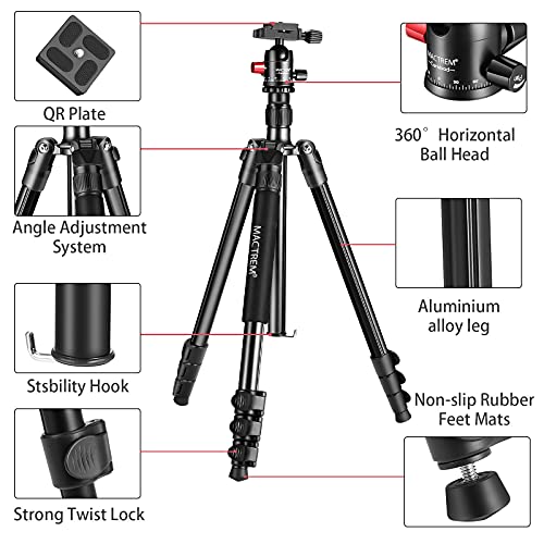 MACTREM Professional Camera Tripod with Phone Mount, 62" DSLR Tripod for Travel, Super Lightweight and Reliable Stability, Ball Head Tripod Detachable Monopod with Carry Bag (Black)