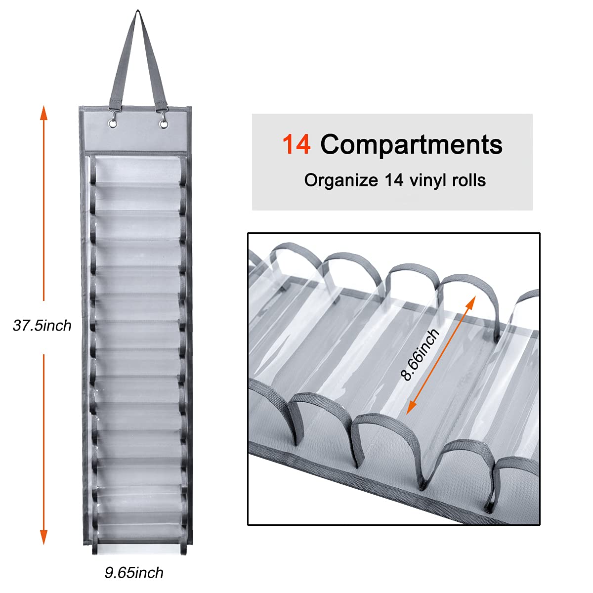 IRASPIN Vinyl Roll Holder, Vinyl Roll Storage Rack Wall Mount/Over The Door with14 Compartments,Safely Store Rolls up to 2.8 Inches in Diameter (2 Pack,Gray)