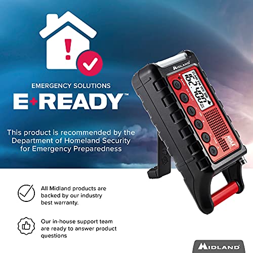 Midland - ER310, Emergency Crank Weather AM/FM Radio - Multiple Power Sources, SOS Emergency Flashlight, Ultrasonic Dog Whistle, & NOAA Weather Scan + Alert (Red/Black)