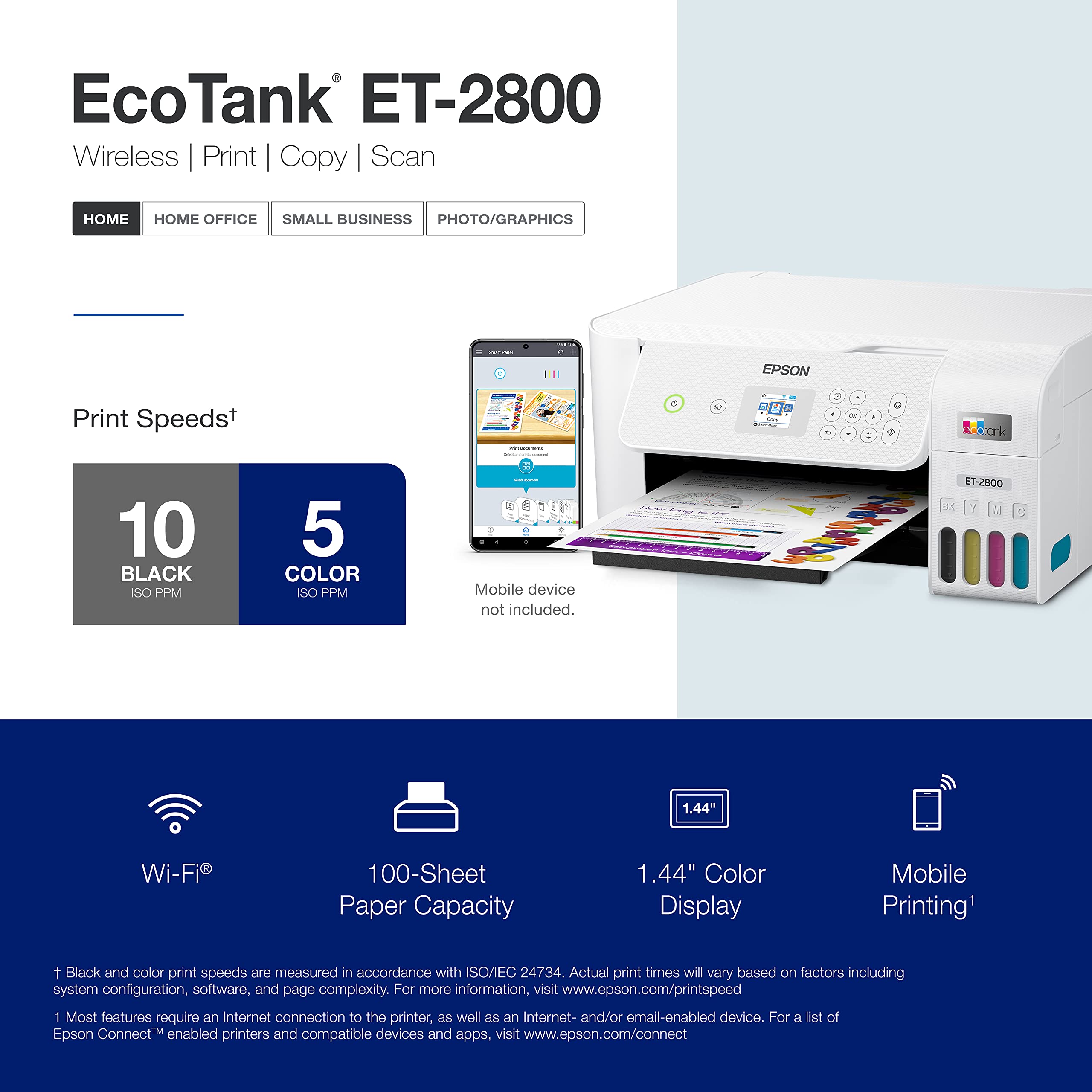 Epson EcoTank ET-2800 Wireless Color All-in-One Cartridge-Free Supertank Printer with Scan and Copy – The Ideal Basic Home Printer - White