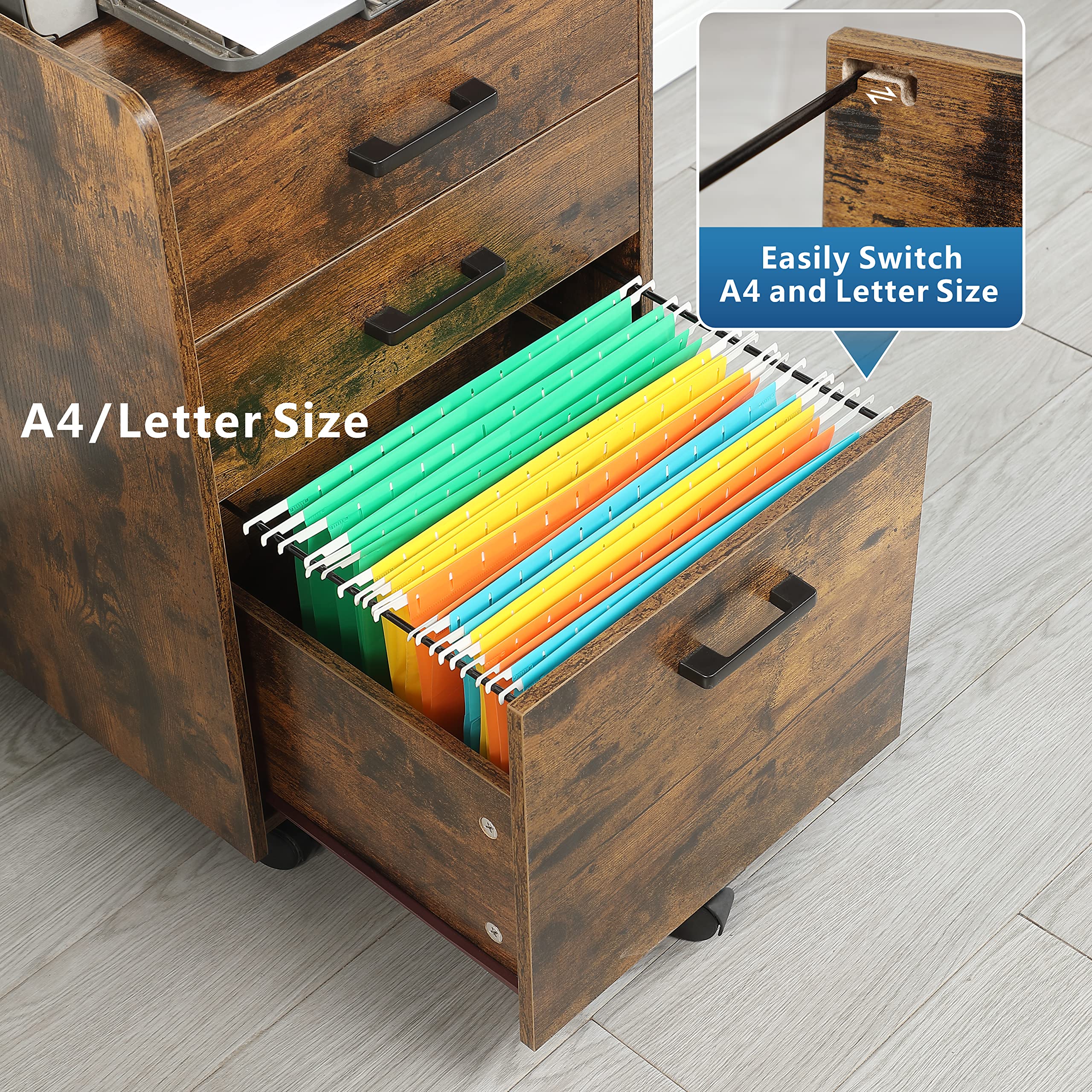 Kavonty File Cabinet, Mobile Office Cabinet with 2 Small Fabric Drawers and 1 Large Drawer,for A4, Letter Size, Hanging File Folders, Rustic Brown and Black