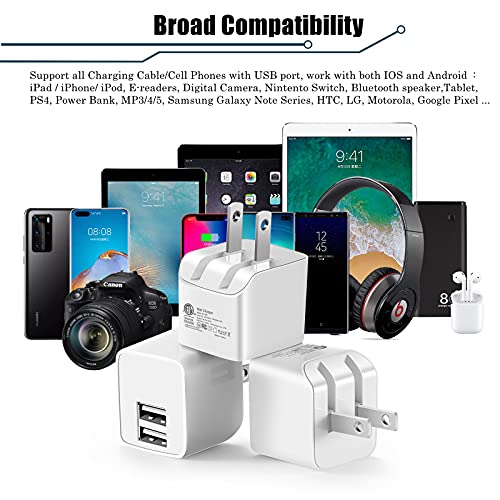 12W USB Wall Charger with Foldable Plug, 3-Pack 2.4A Dual-Port Power Adapter Mini Charging Block Cube Compatible iPad, iPhone 12 11 Pro Max XR/XS/X 8/7/6/6s Plus, Samsung, Moto, HTC& More(ETL Listed)