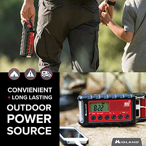 Midland - ER310, Emergency Crank Weather AM/FM Radio - Multiple Power Sources, SOS Emergency Flashlight, Ultrasonic Dog Whistle, & NOAA Weather Scan + Alert (Red/Black)