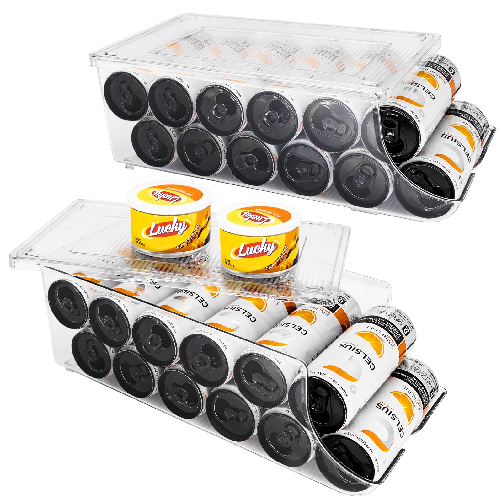 SCAVATA 2 Pack Skinny Can Organizer for Refrigerator, Stackable Tall Skinny Soda Pop Can Holder Dispenser with Lid for Fridge Pantry Rack Freezer, Clear Plastic Storage Bins-Holds 12 Slim Cans Each