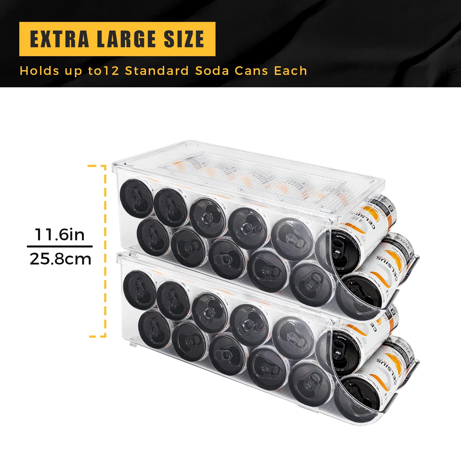 SCAVATA 2 Pack Skinny Can Organizer for Refrigerator, Stackable Tall Skinny Soda Pop Can Holder Dispenser with Lid for Fridge Pantry Rack Freezer, Clear Plastic Storage Bins-Holds 12 Slim Cans Each