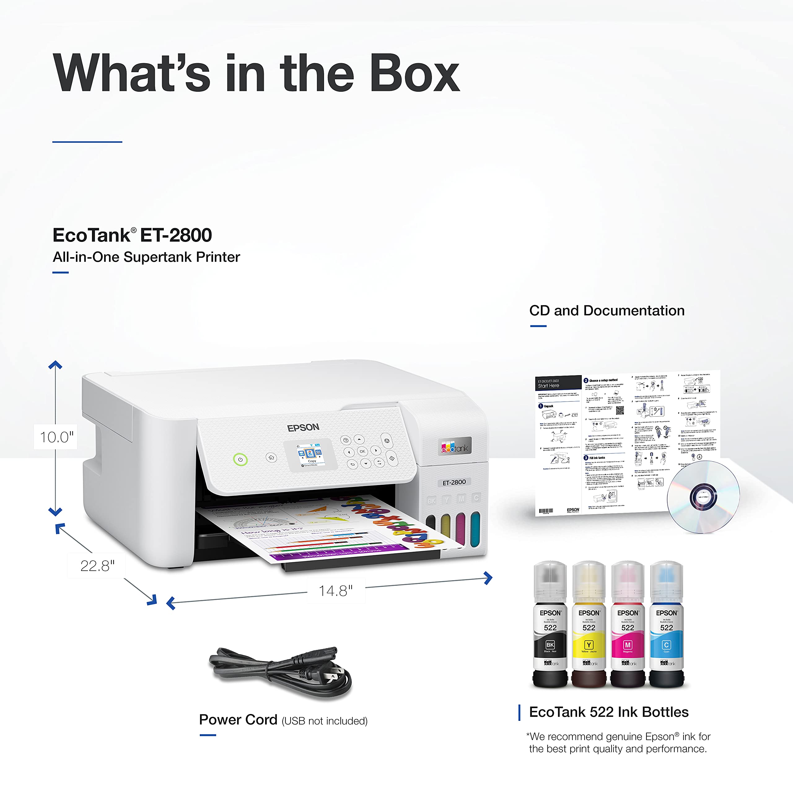 Epson EcoTank ET-2800 Wireless Color All-in-One Cartridge-Free Supertank Printer with Scan and Copy – The Ideal Basic Home Printer - White