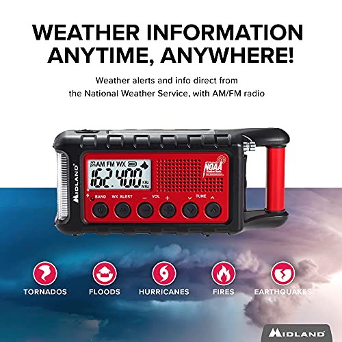 Midland - ER310, Emergency Crank Weather AM/FM Radio - Multiple Power Sources, SOS Emergency Flashlight, Ultrasonic Dog Whistle, & NOAA Weather Scan + Alert (Red/Black)