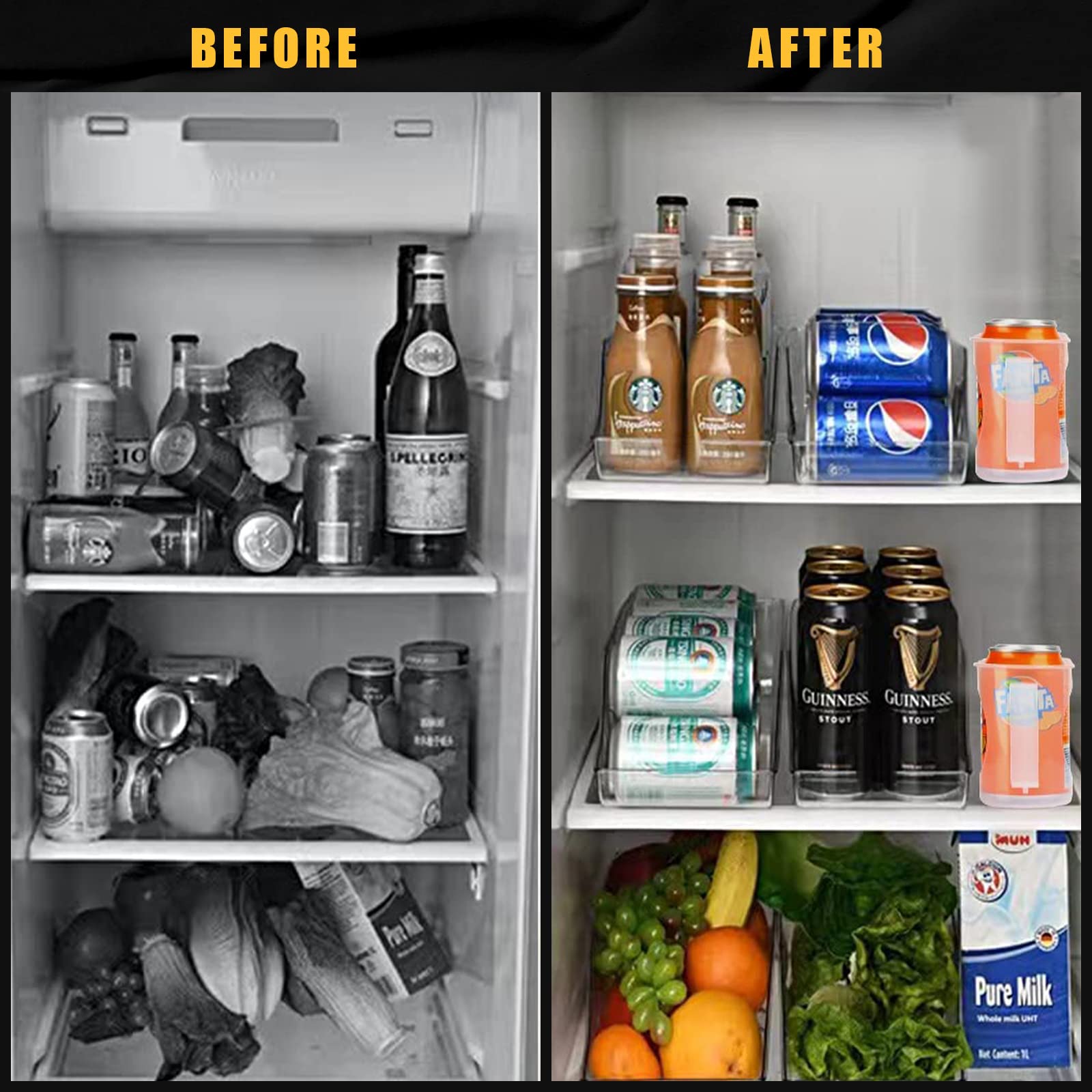 SCAVATA 2 Pack Skinny Can Organizer for Refrigerator, Stackable Tall Skinny Soda Pop Can Holder Dispenser with Lid for Fridge Pantry Rack Freezer, Clear Plastic Storage Bins-Holds 12 Slim Cans Each