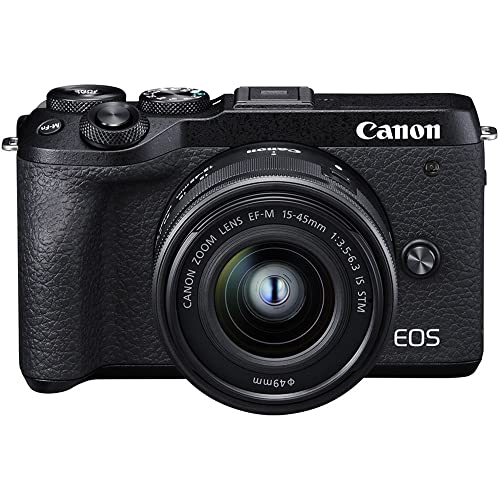 Camera EOS M6 Mark II Mirrorless Camera with 15-45mm Lens and EVF (Black) with 64GB Memory, Padded Carrying Bag, High Speed Card Reader + More (18 Items)