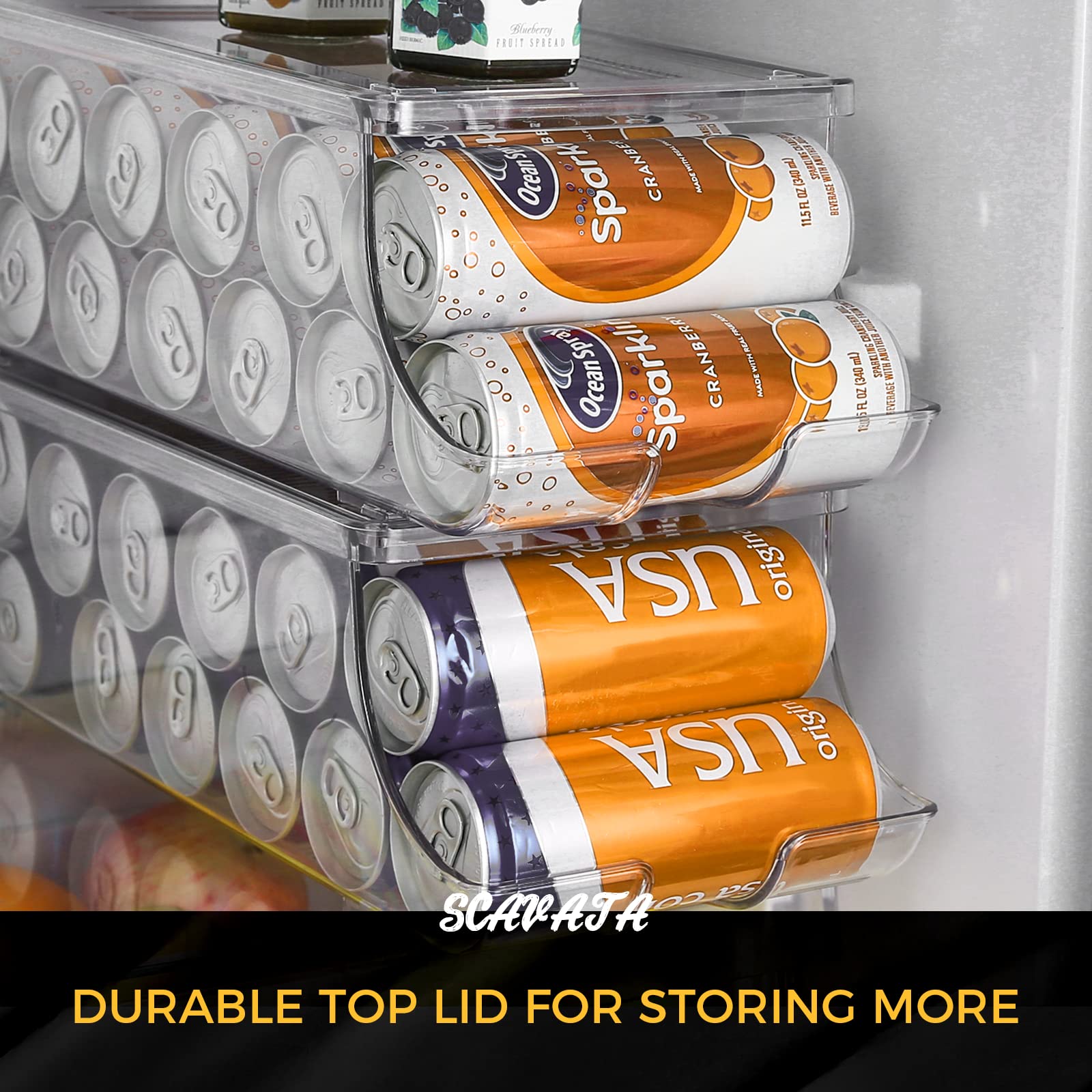 SCAVATA 2 Pack Skinny Can Organizer for Refrigerator, Stackable Tall Skinny Soda Pop Can Holder Dispenser with Lid for Fridge Pantry Rack Freezer, Clear Plastic Storage Bins-Holds 12 Slim Cans Each