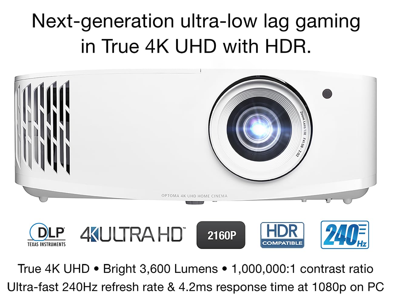 Optoma UHD35x True 4K UHD Gaming Projector | 3,600 Lumens | 4.2ms Response Time at 1080p with Enhanced Gaming Mode | 240Hz Refresh Rate | HDR10 & HLG