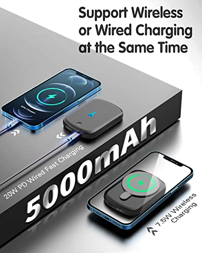 YaNovate Magnetic Power Bank, 5000mAh Magnetic Wireless Power Bank Portable Charger, PD 20W External Battery Pack Compatible with iPhone 12/13 Pro/12 Pro Max/12Mini - Black