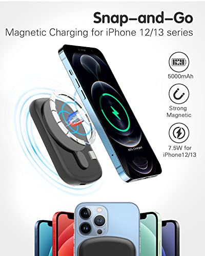 YaNovate Magnetic Power Bank, 5000mAh Magnetic Wireless Power Bank Portable Charger, PD 20W External Battery Pack Compatible with iPhone 12/13 Pro/12 Pro Max/12Mini - Black