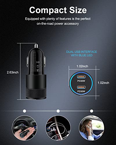 60W USB C Car Charger, 2 Pack AILKIN USB C Cigarette Lighter Adapter Fast Charging Dual Port PD3.0 Type C Car Charger Plug Compatible with iPhone 14 13 12 11 Pro Max Mini XR Galaxy S22/21 Google Pixel