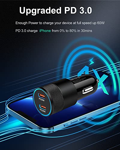 60W USB C Car Charger, 2 Pack AILKIN USB C Cigarette Lighter Adapter Fast Charging Dual Port PD3.0 Type C Car Charger Plug Compatible with iPhone 14 13 12 11 Pro Max Mini XR Galaxy S22/21 Google Pixel