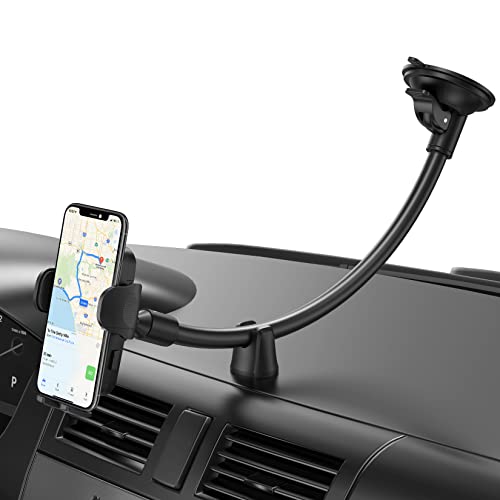 Car Phone Mount - Upgraded Windshield Dashboard Car Phone Holder with Long Gooseneck Phone Holder for Car Windshield, Compatible with iPhone 13 12 Pro Max 11, Galaxy Note 22 S21 S20 and More