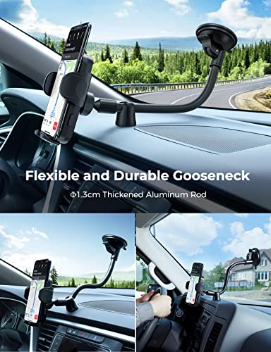 Car Phone Mount - Upgraded Windshield Dashboard Car Phone Holder with Long Gooseneck Phone Holder for Car Windshield, Compatible with iPhone 13 12 Pro Max 11, Galaxy Note 22 S21 S20 and More