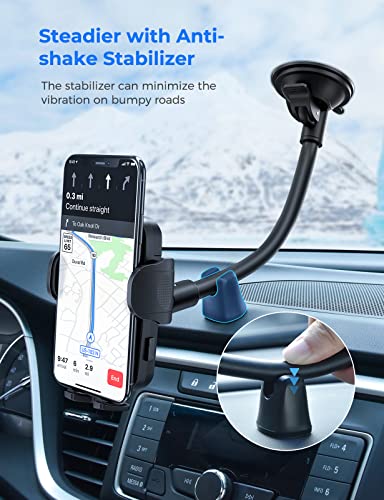 Car Phone Mount - Upgraded Windshield Dashboard Car Phone Holder with Long Gooseneck Phone Holder for Car Windshield, Compatible with iPhone 13 12 Pro Max 11, Galaxy Note 22 S21 S20 and More