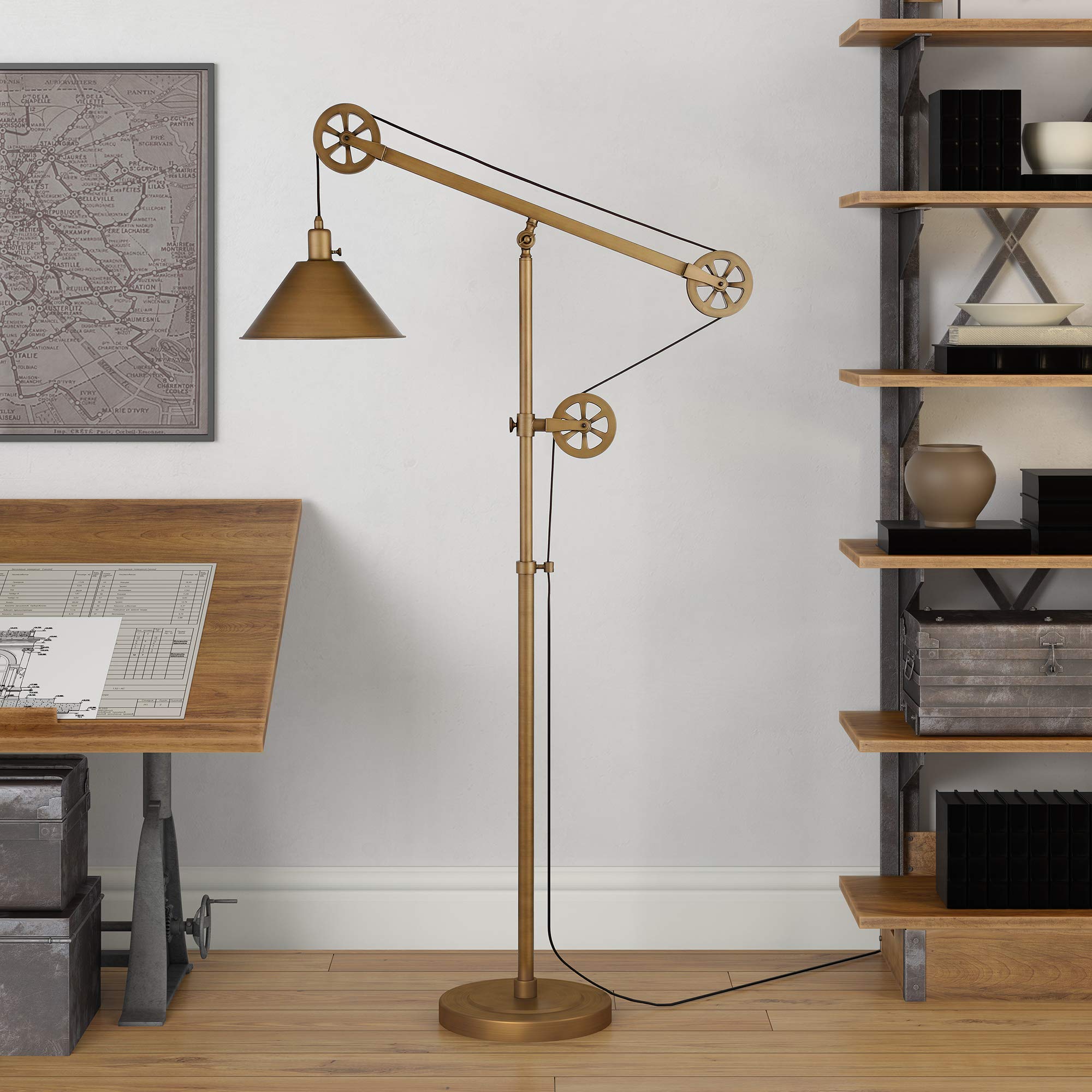 Henn&Hart Pulley System Floor Lamp with Metal Shade in Antique Brass/Antique Brass, Floor Lamp for Home Office, Bedroom, Living Room